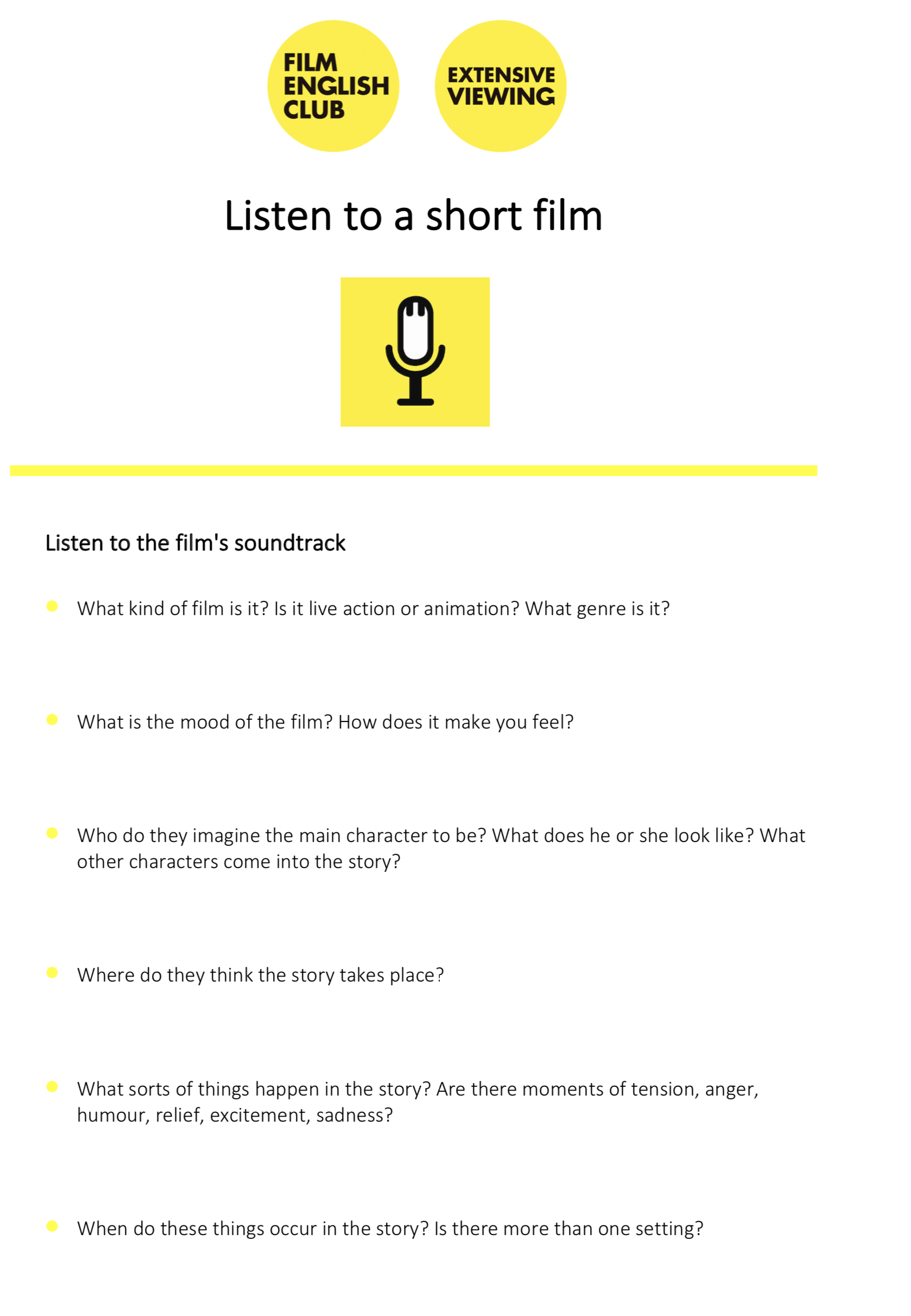 Listen to a short film activity sheet – Film English